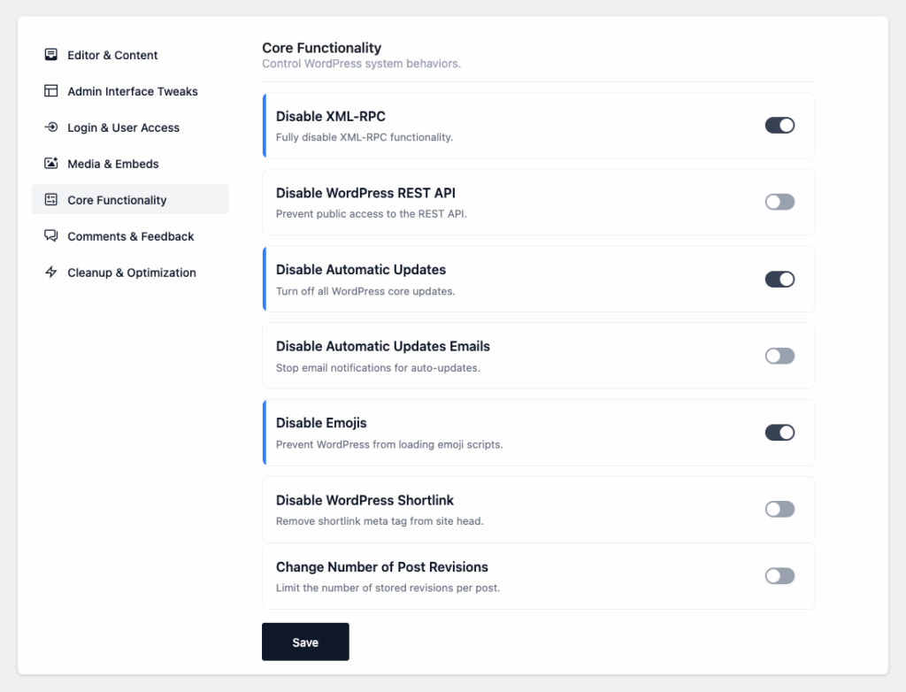 WP Coder Snippets – Core Functionality Controls for WordPress
