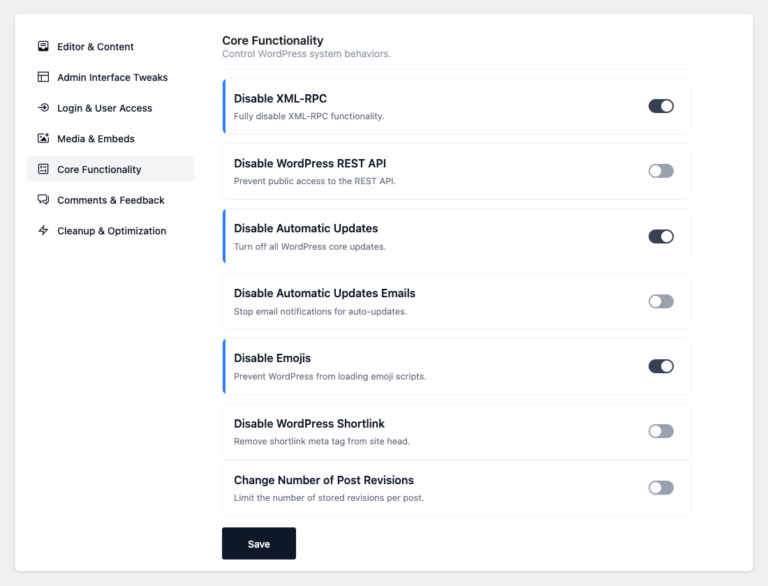 WP Coder Snippets – Core Functionality Controls for WordPress